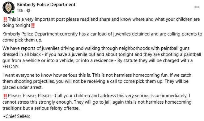 'This is not harmless homecoming activity': Kimberly police warn ...