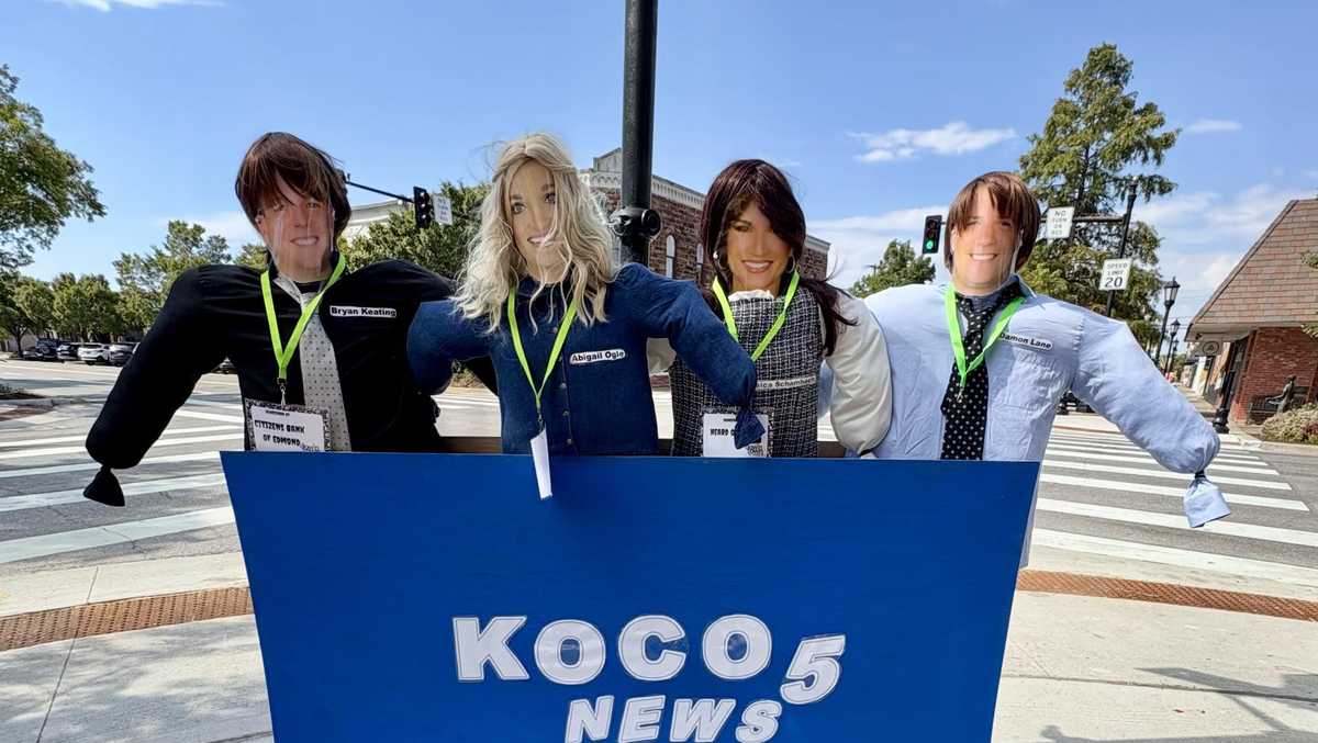 Say hello to some KOCO 5-inspired scarecrows outside Edmond bank