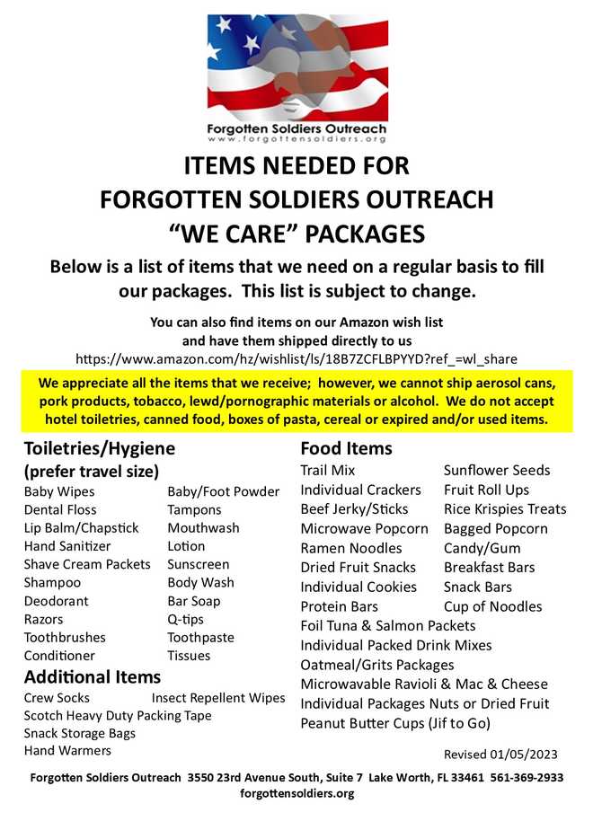 Care package items needed for Forgotten Soldiers Outreach program