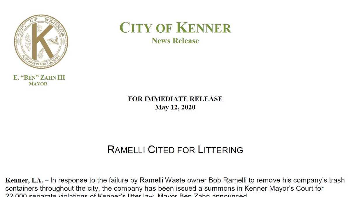 Ramelli Waste given 22,000 citations for violation Kenner litter law