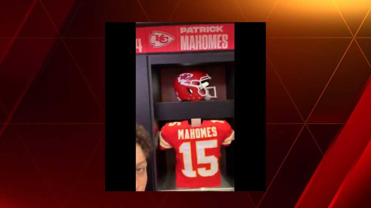 Kansas City Chiefs quarterback Patrick Mahomes shows off his new locker