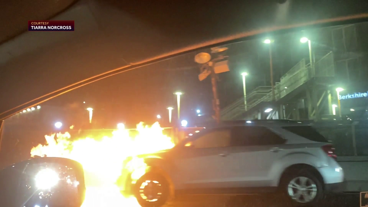 Car catches fire along Mass Pike in Boston