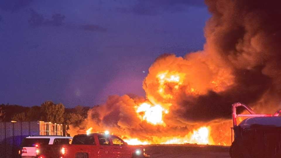 Lightning sparks large flames at McClain County tank battery site