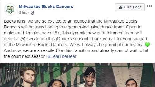 Bucks Dancers replaced by co-ed break dancing, tumbling team