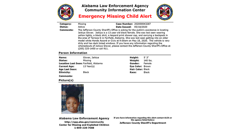 Emergency Missing Child Alert issued for 13-year-old in Fairfield