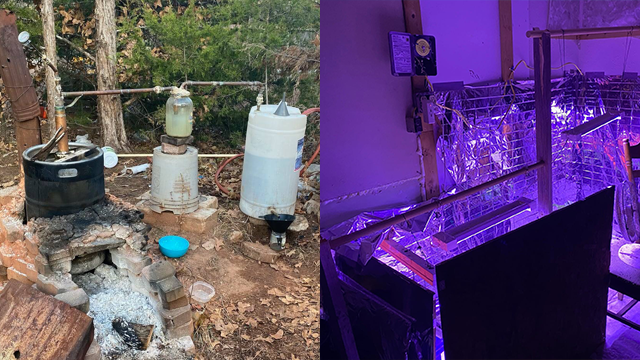 Law enforcement finds moonshine stills, marijuana grow in Harrah