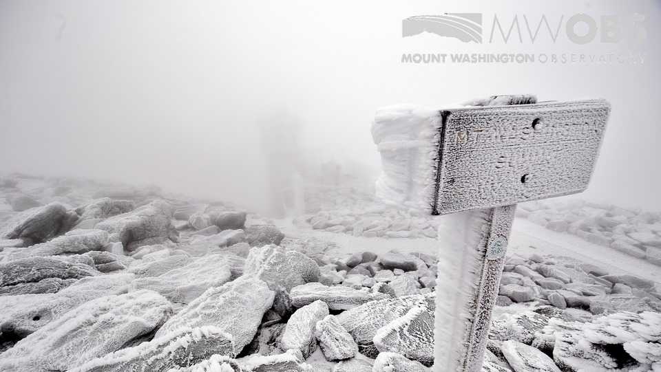 Rime ice coats Mount Washington summit after snow accumulates