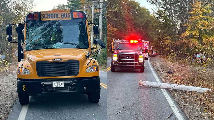 Maine school bus hit by falling utility pole struck by dump truck