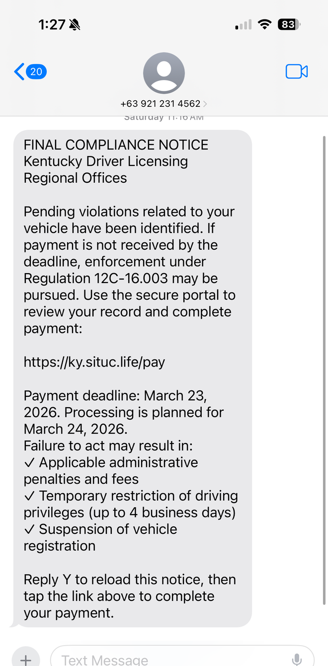 Scam warning: Fake text claims Kentuckians need to resolve 'vehicle ...