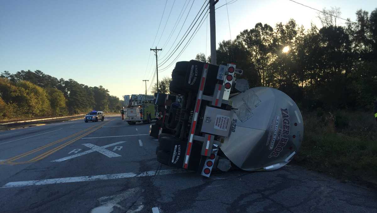 Overturned tanker blocks lanes, injuries reported, officials say
