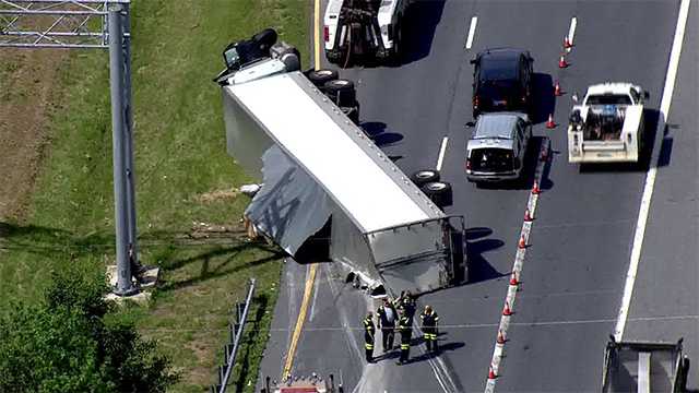Tractor-trailer overturns on Route 32 in West Friendship