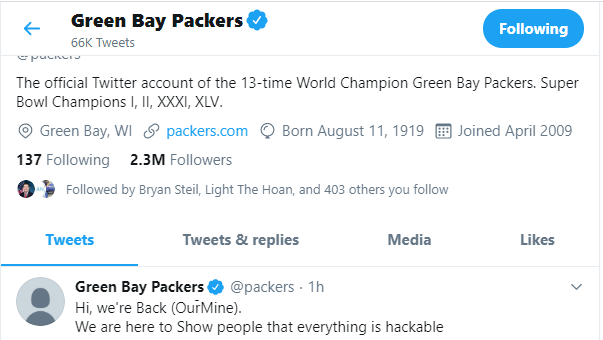 Hackers gain control of Packers Twitter account