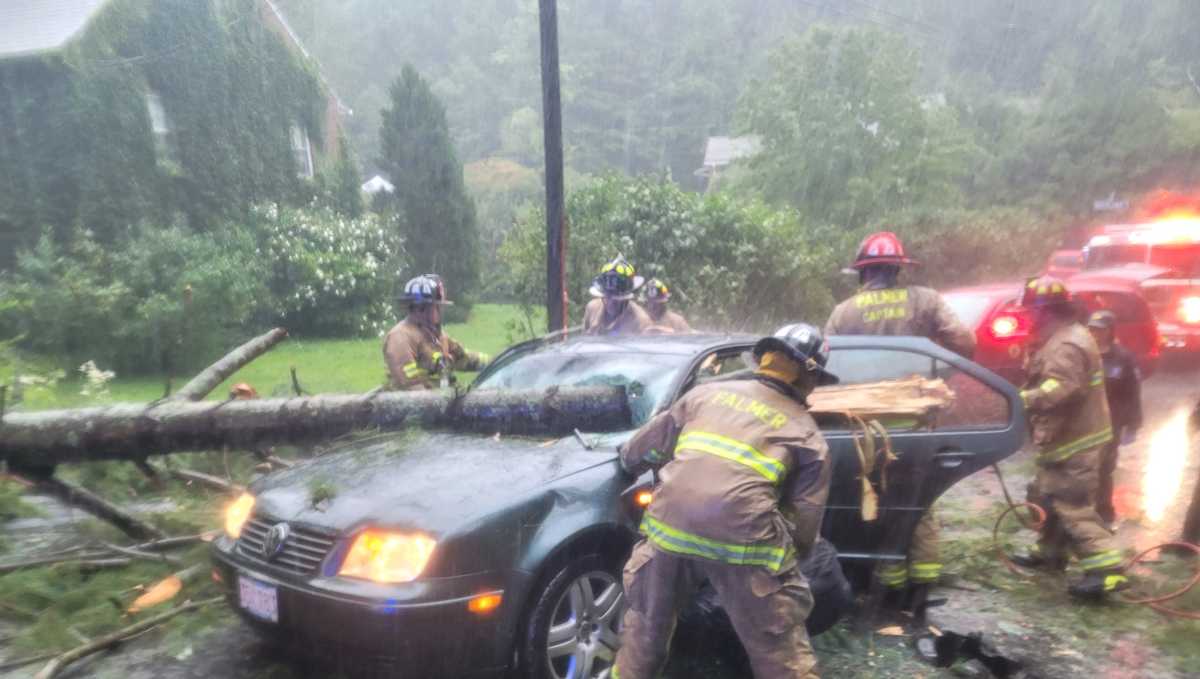 Driver OK after tree branch crashes through windshield during 'Henri'