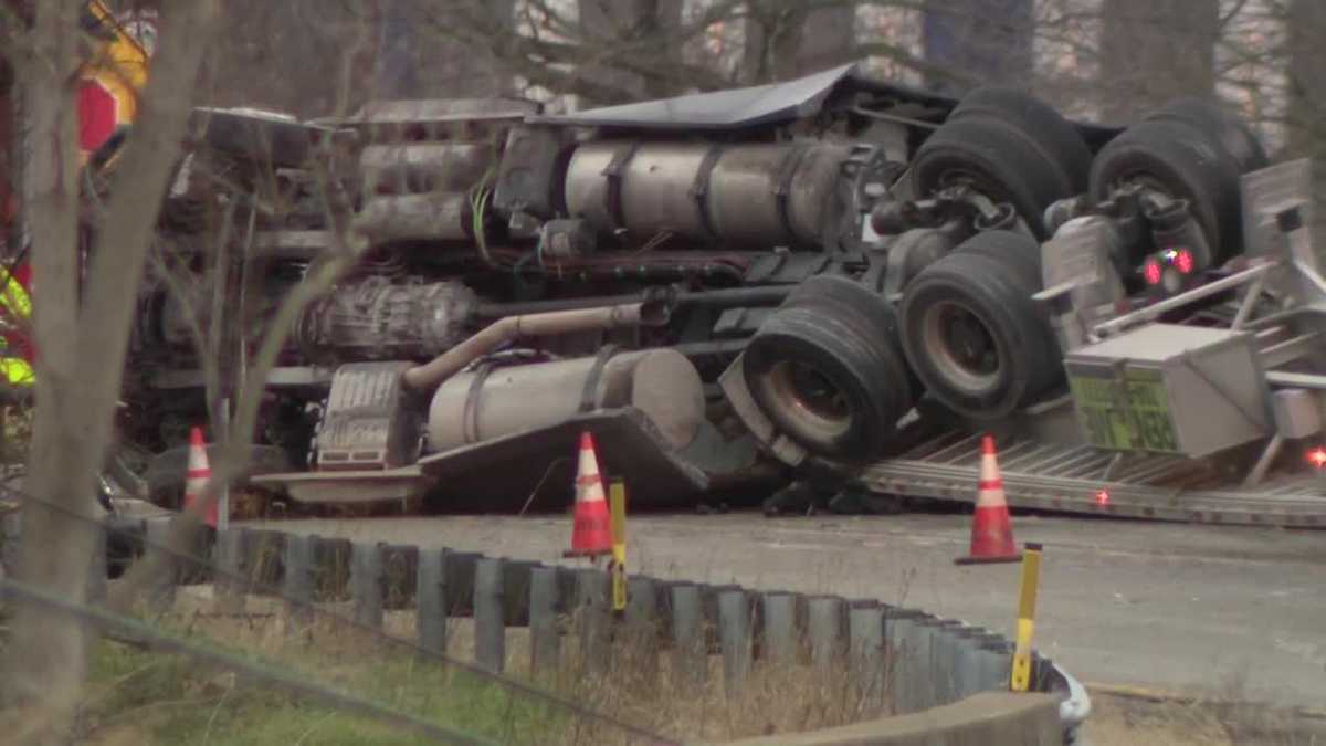 Tractor-trailer overturns on Parkway East ramp