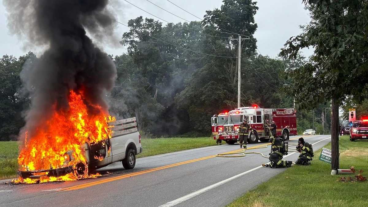 Intense fire engulfs pickup truck in Lancaster County, Pa.