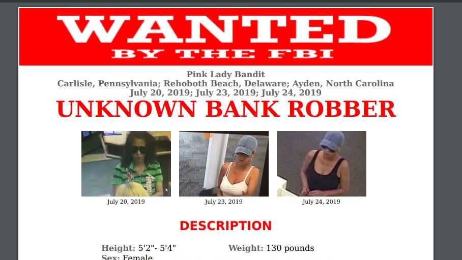 'Pink Lady Bandit' wanted in bank robberies along East Coast, FBI says