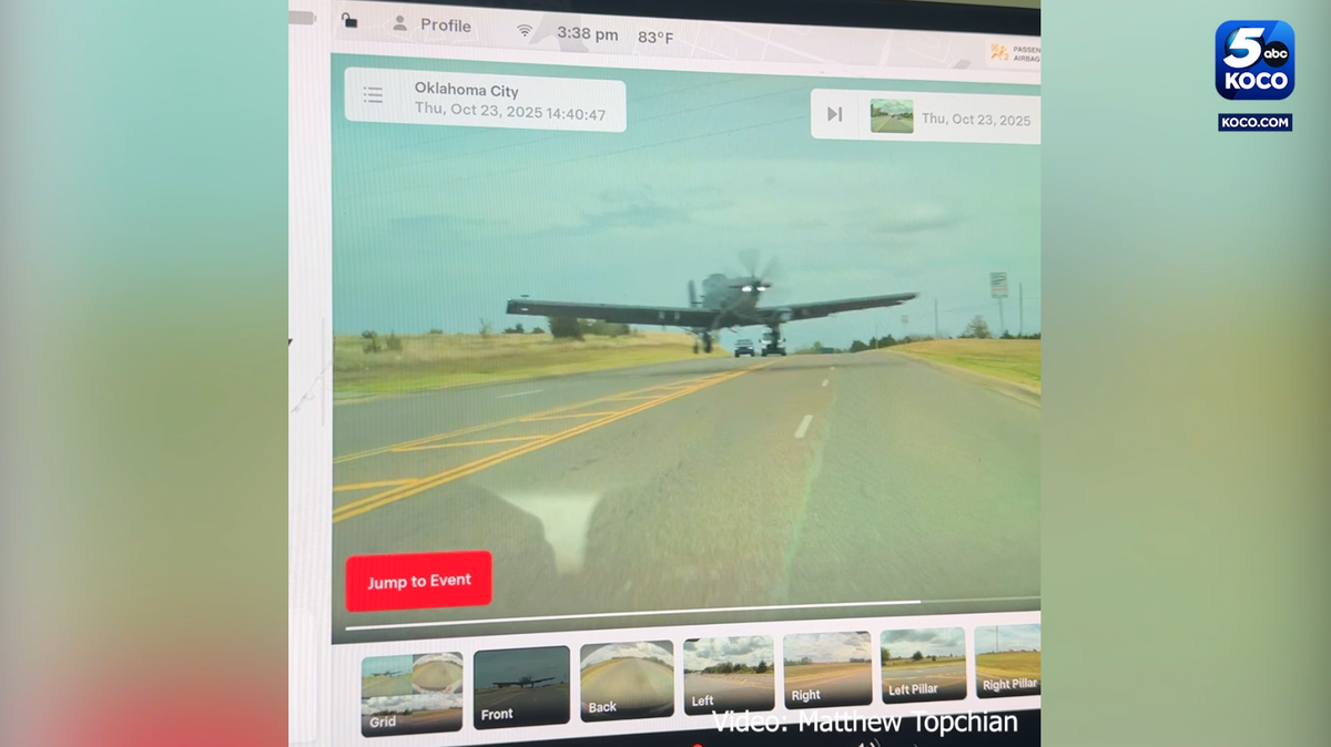 WATCH: Motorist shows moments military plane crash lands in southeast OKC