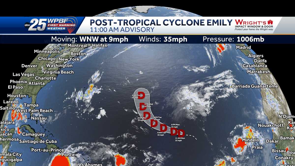 Emily downgrades to post-tropical cyclone in Atlantic