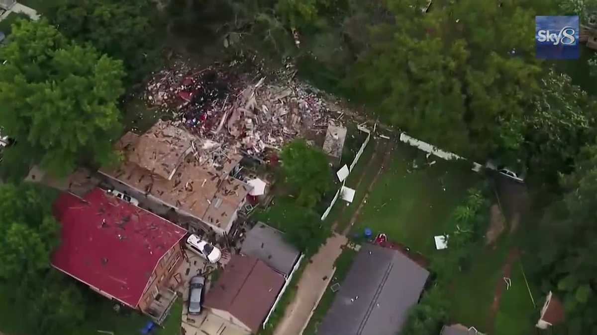 Drone video shows house explosion debris all over neighborhood