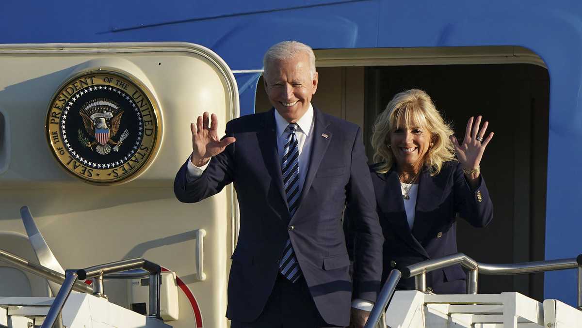President Biden speaks to US troops after landing in Europe for G-7 summit