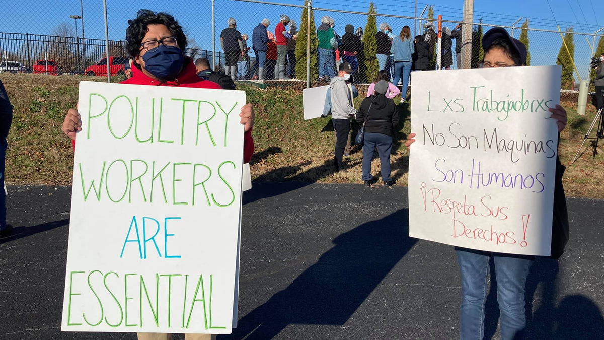 Poultry workers protest at George's Chicken in Springdale