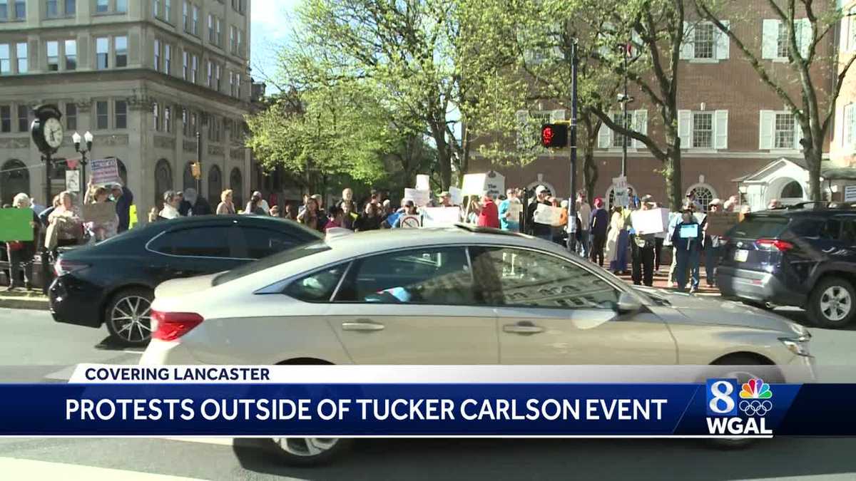 Protestors rally against Tucker Carlson's appearance at the Lancaster ...