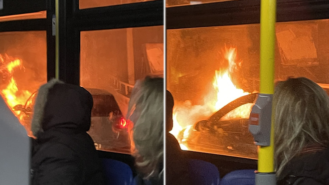 Photos show burning car in Prudential Tunnel along Mass Pike