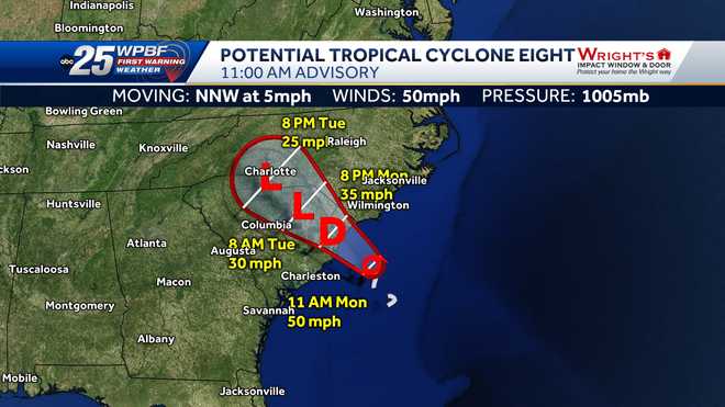 Potential Tropical Cyclone Eight is off the Carolina Coast
