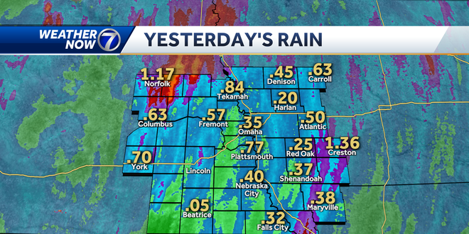 Rainfall totals for Nebraska, Iowa Tuesday storms