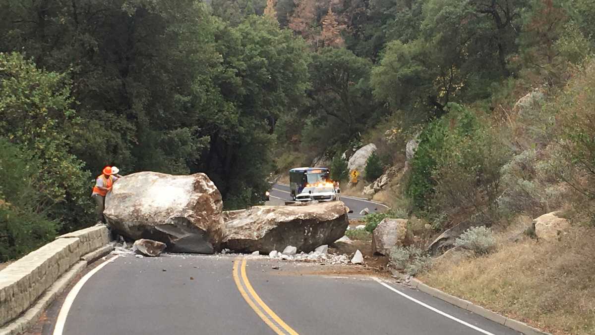 Giant boulders fall, close road in Yosemite National Park