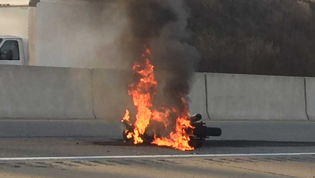 Motorcycle catches fire on Route 30