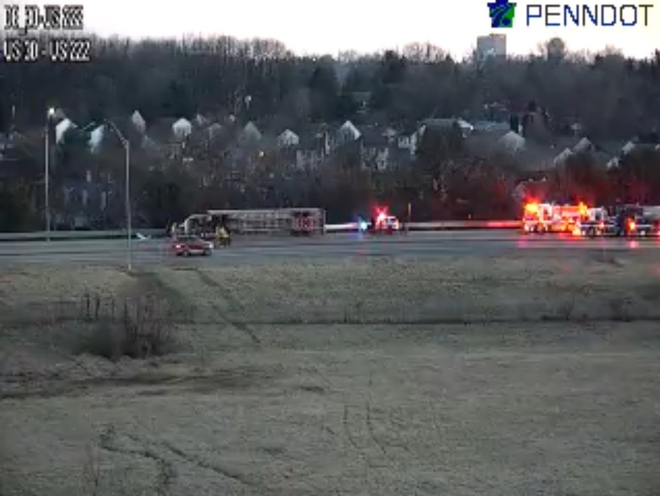 Tractor-trailer rollover closes Rt. 30 eastbound at exit Rt. 222 Tractor-trailer rollover closes Rt. 30 eastbound at exit Rt. 222