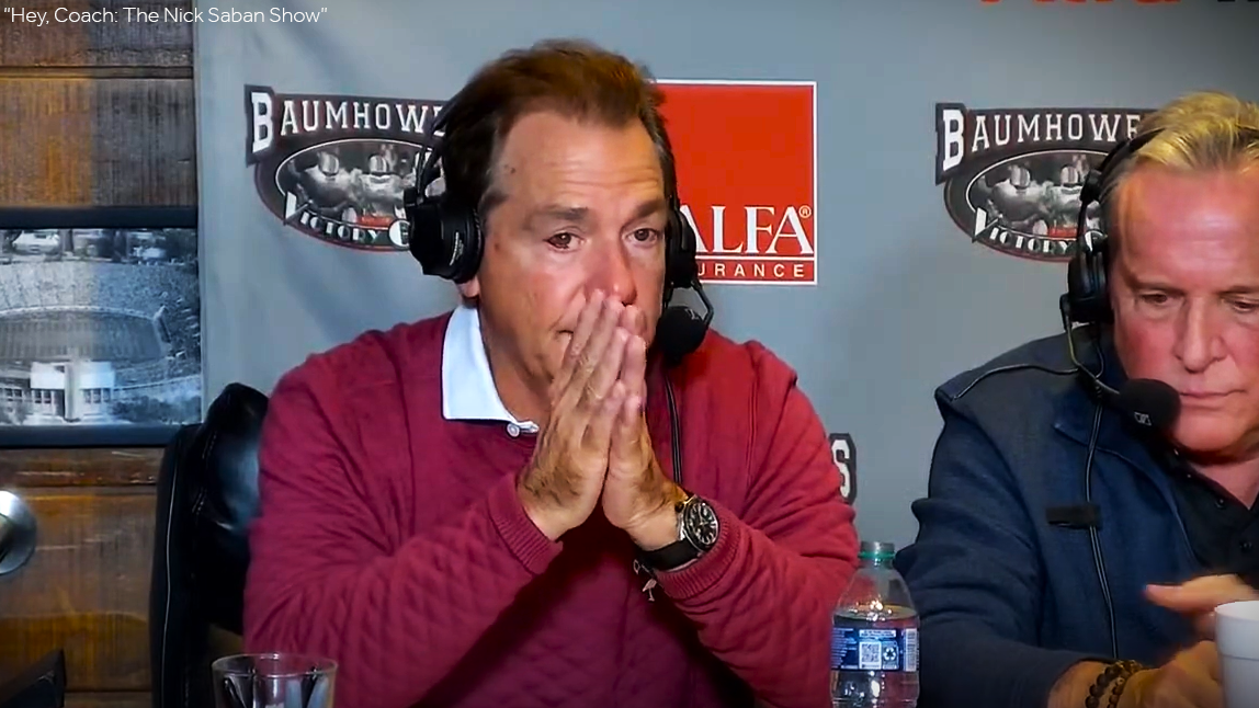 Nick Saban gets a bloodshot eye from yelling