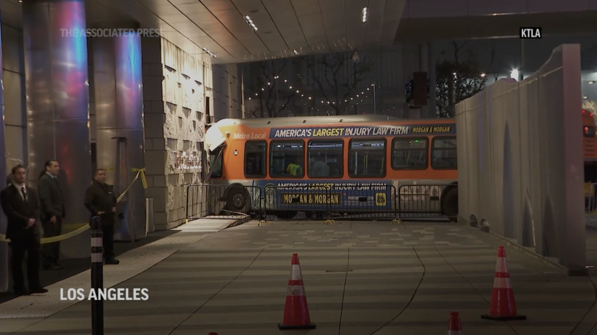 Bus hijacked in LA collides with vehicles, crashes into hotel