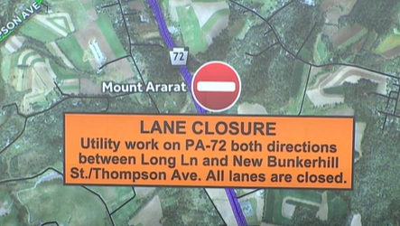 Downed pole, wires close stretch of Route 72 in Lebanon County, Pa.