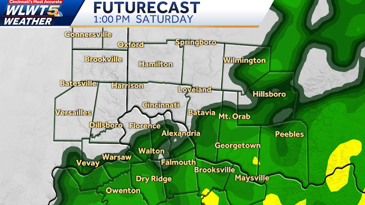 Hour-by-hour rain forecast for Cincinnati region Saturday