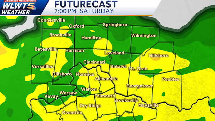 Hour-by-hour rain forecast for Cincinnati region Saturday