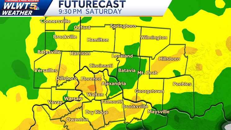 Hour-by-hour rain forecast for Cincinnati region Saturday