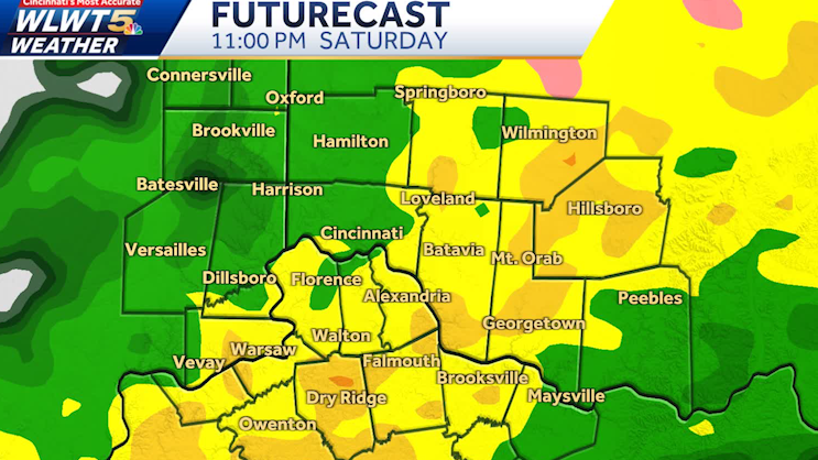 Hour-by-hour rain forecast for Cincinnati region Saturday