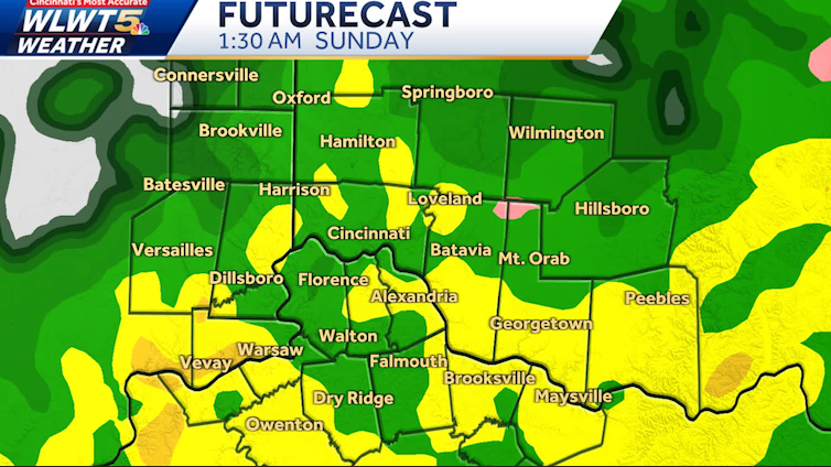 Hour-by-hour rain forecast for Cincinnati region Saturday