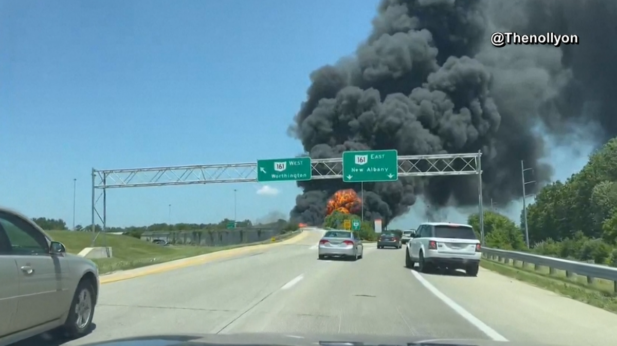 Video shows huge smoke plume as fuel tanker overturns, catches fire on Ohio interstate