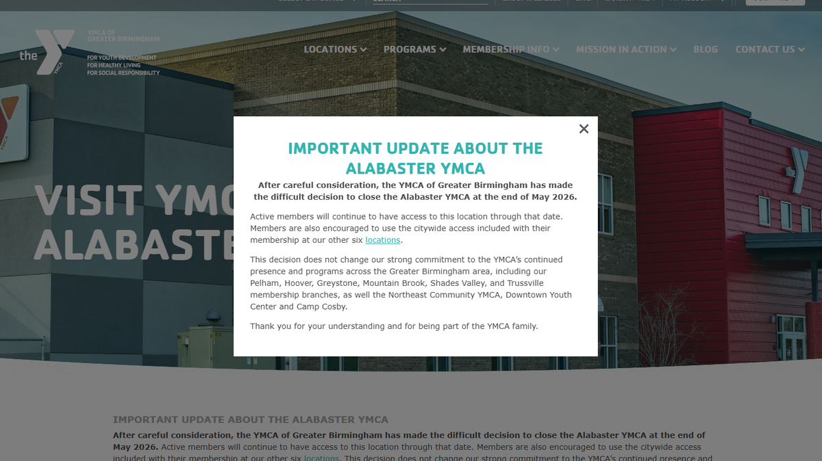 YMCA to close Alabaster location citing major maintenance, repairs needed