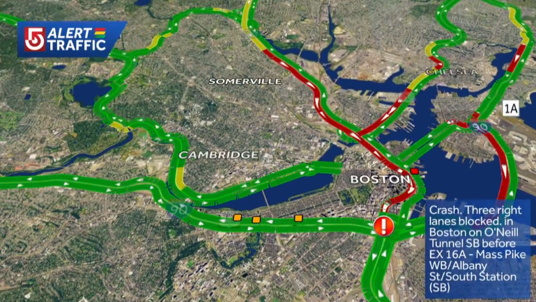Crash inside Tip O'Neill Tunnel in Boston slows commute on Interstate 93