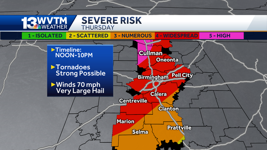 Severe weather forecast graphics Thursday central Alabama