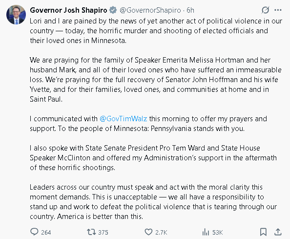 Gov. Josh Shapiro comments on political violence