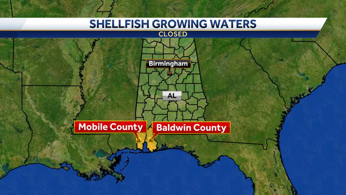 Alabama closes shellfish growing waters in Baldwin, Mobile counties