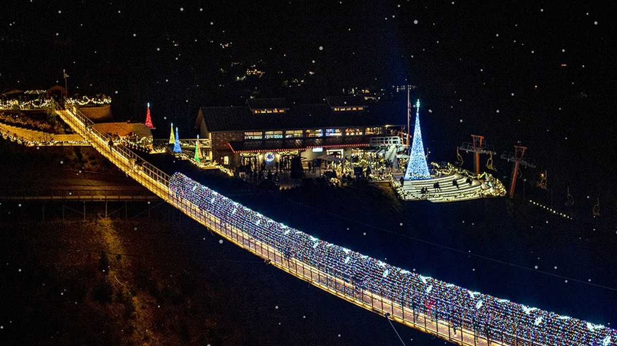 The SkyBridge in Gatlinburg is all lit up for the holidays