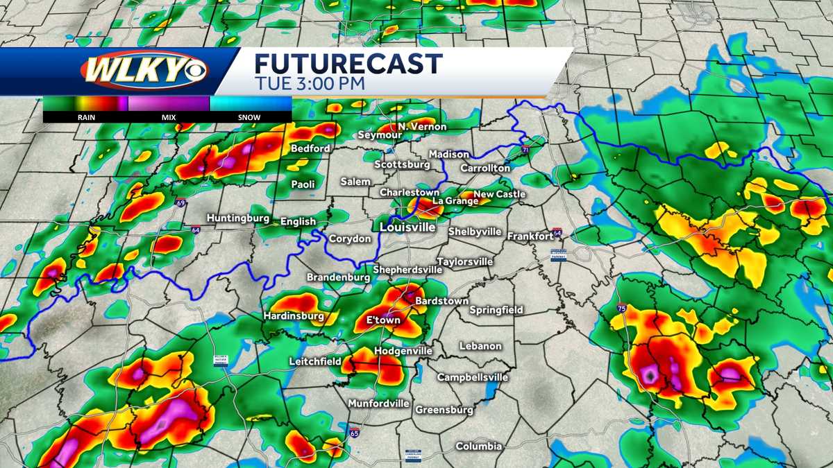 Louisville region hour-by-hour severe weather forecast for Tuesday