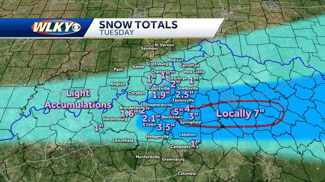 Snowfall accumulation totals across WLKY viewing area