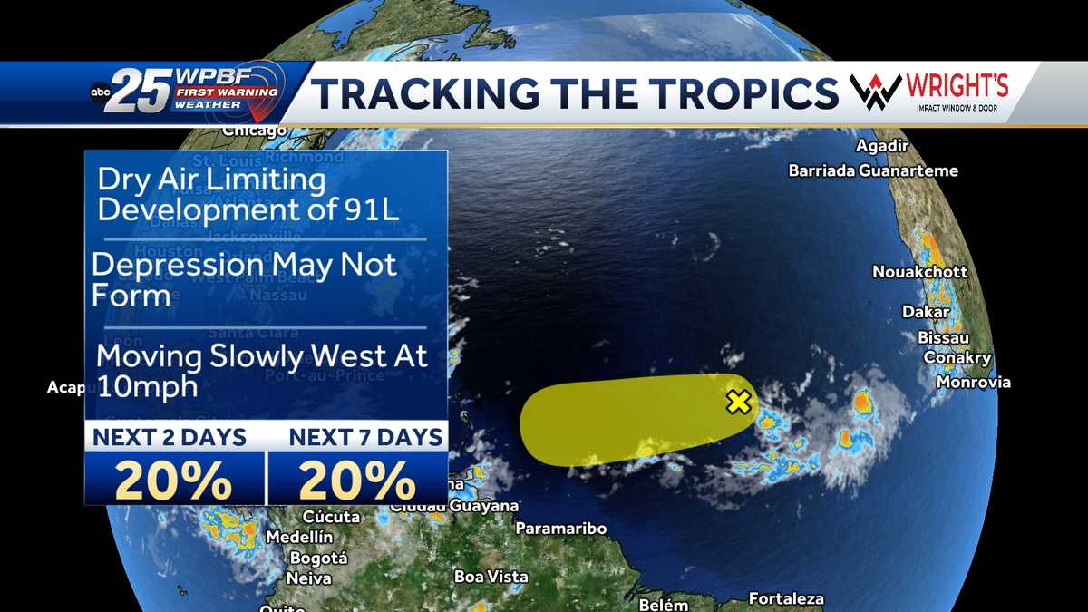 Invest 91-L weakening, odds of tropical development dropping